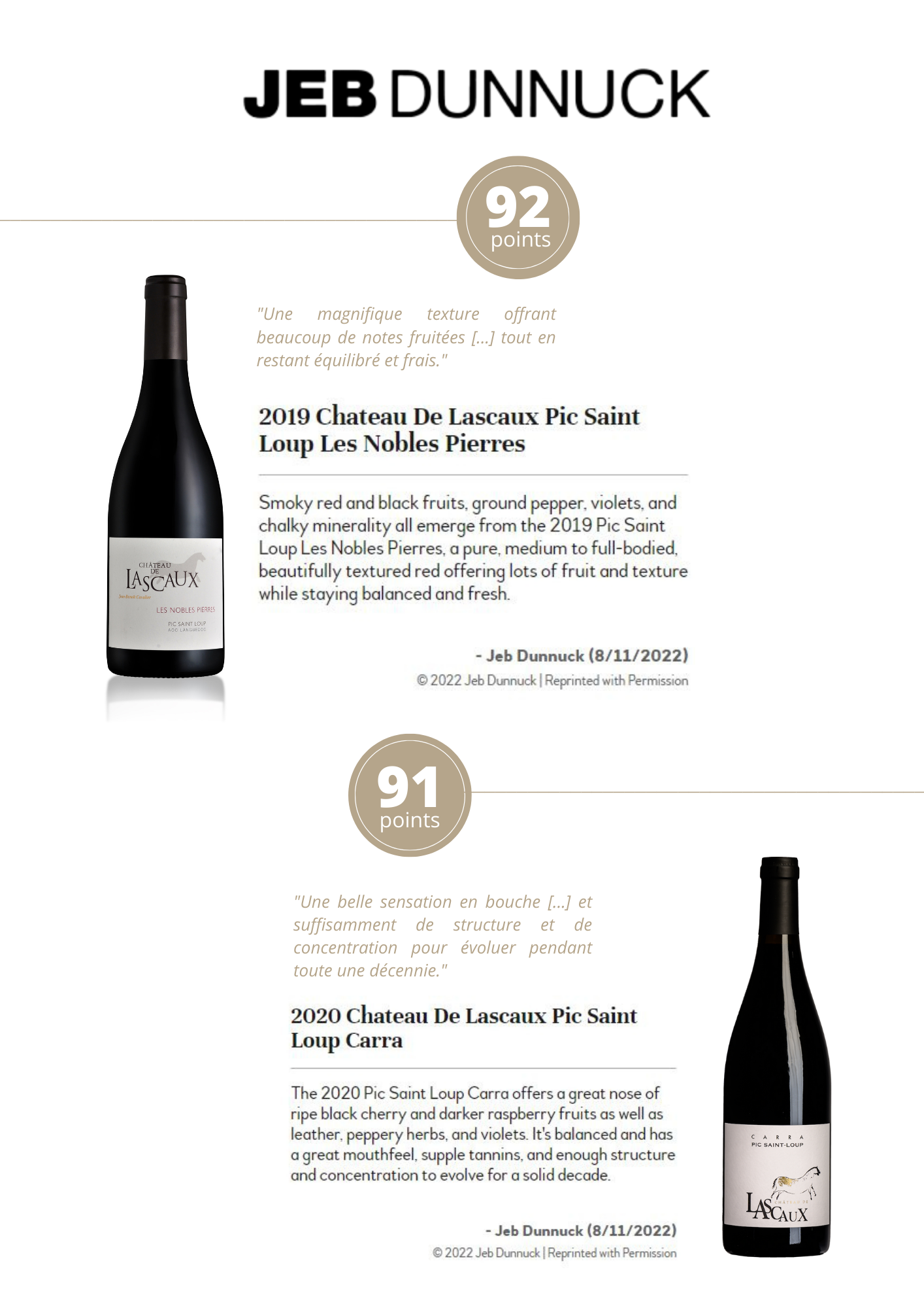 92 points pour Les Nobles Pierres 2019 et 91 points pour le Carra 2020 par Jeb Dunnuck ...